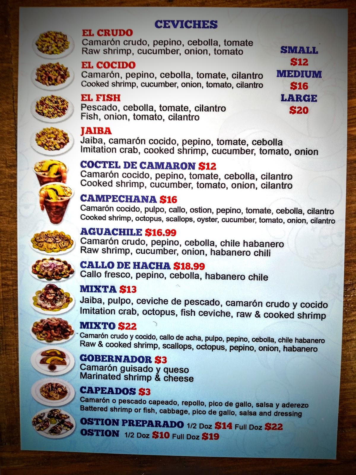 Menu at La Cruda Mariscos restaurant, Riverside
