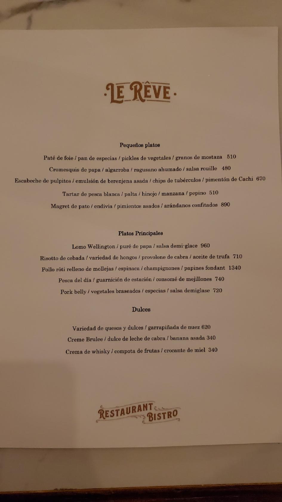 Menu at Le Rêve Bistro restaurant, Buenos Aires