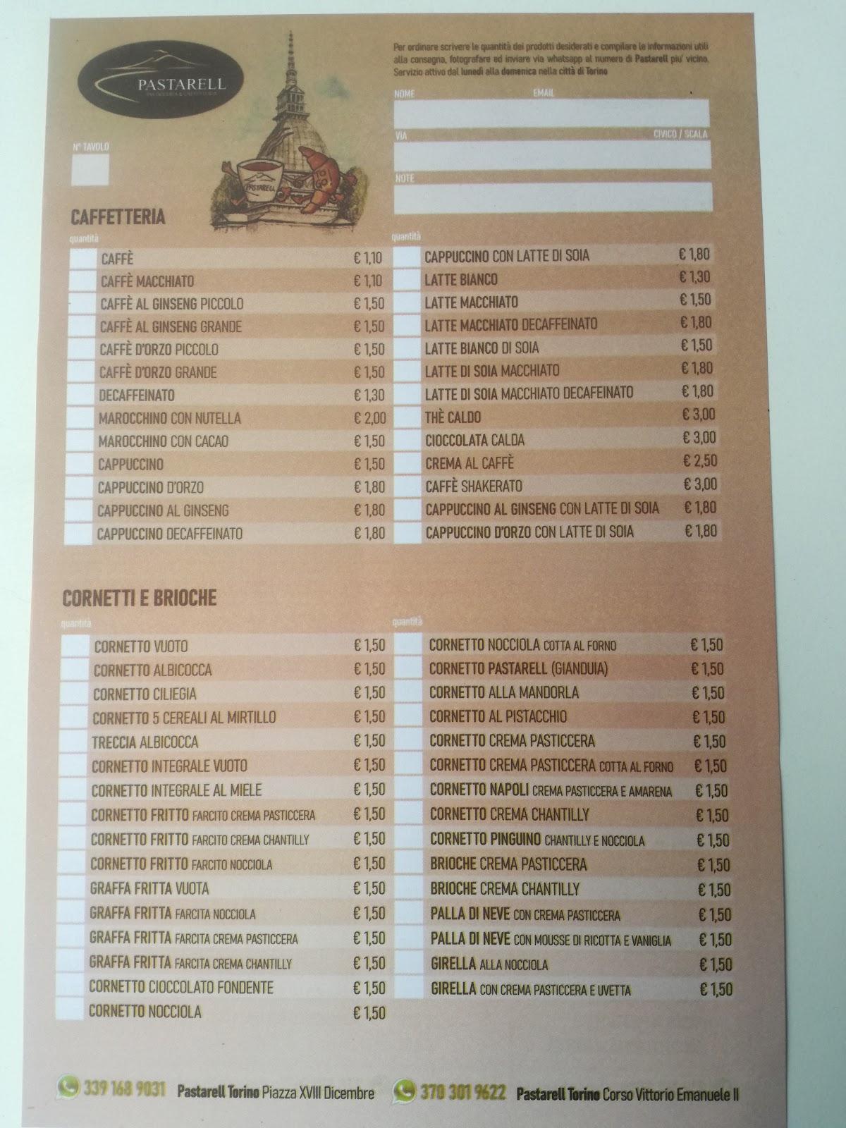 Menu da Pastarell pasticceria, Torino, Piazza XVIII Dicembre