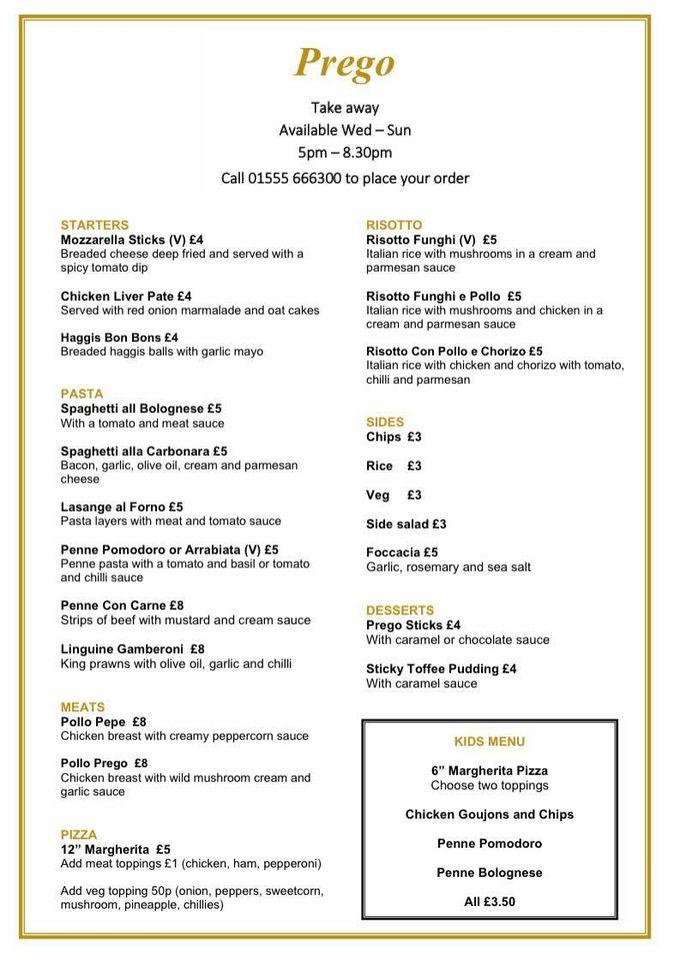 Menu at Prego restaurant, Lanark
