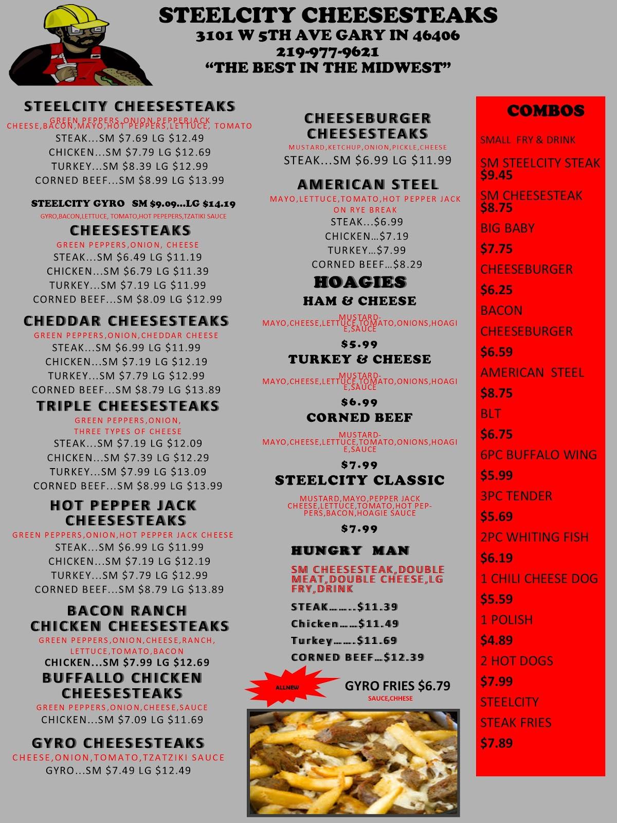 Menu at SteelCity CheeseSteaks restaurant, Gary