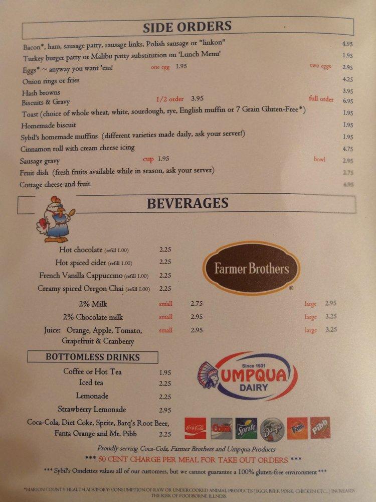Menu at Sybil's Omelettes restaurant, Salem
