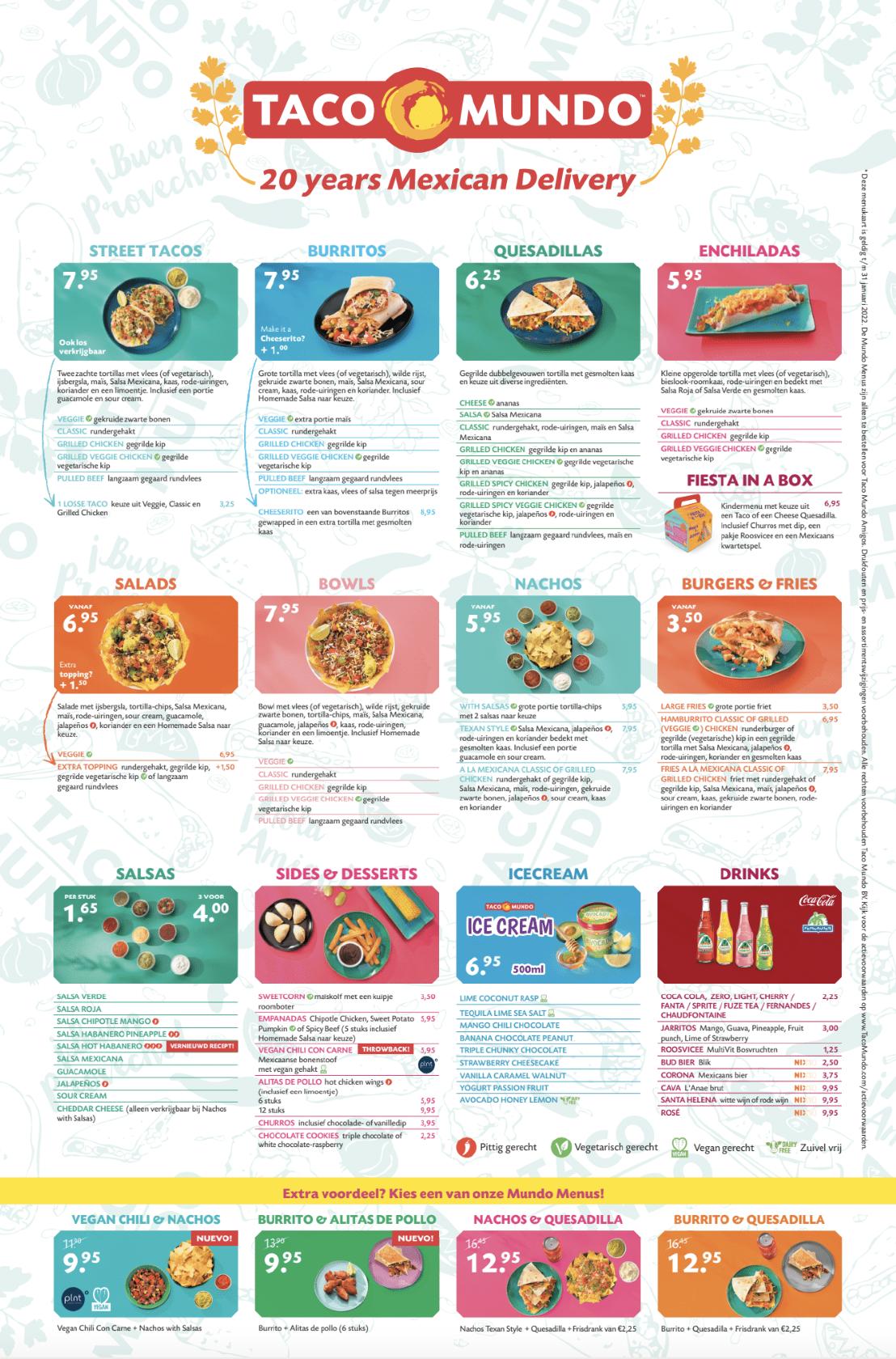 Menu at Taco Mundo Groningen-Zuid, Groningen