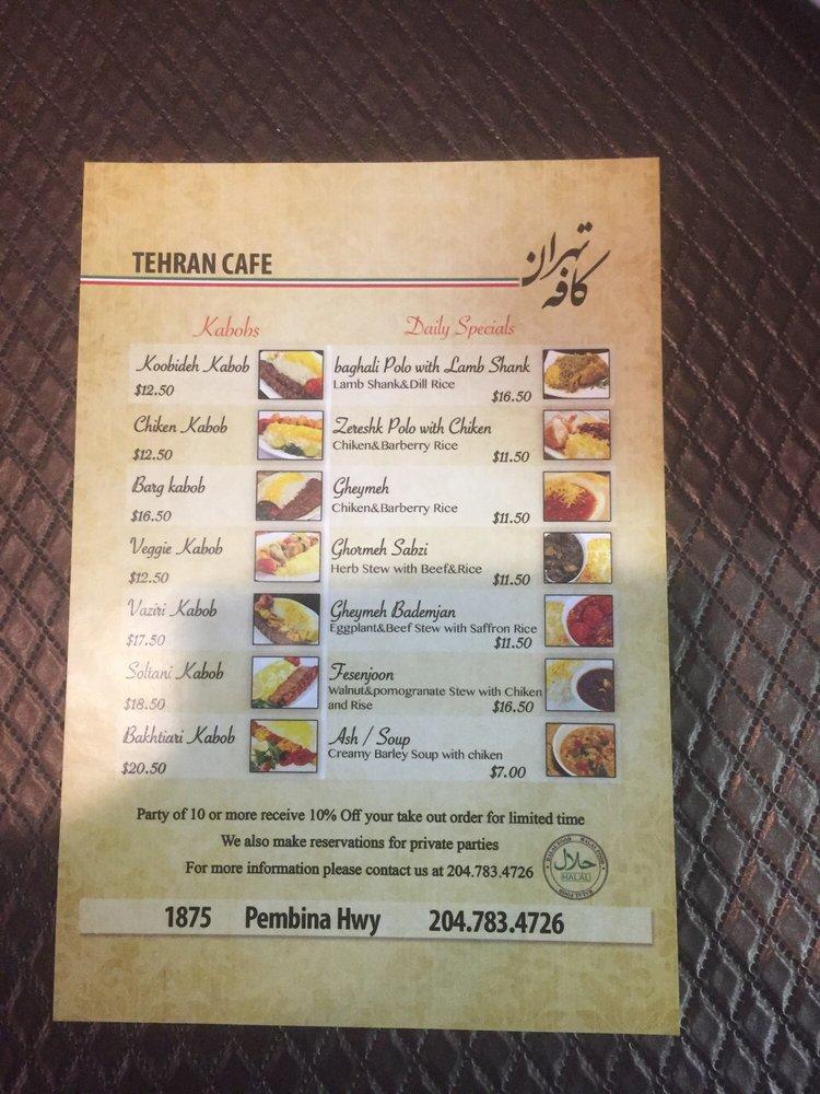 Menu at Tehran Market & Cafe, Winnipeg