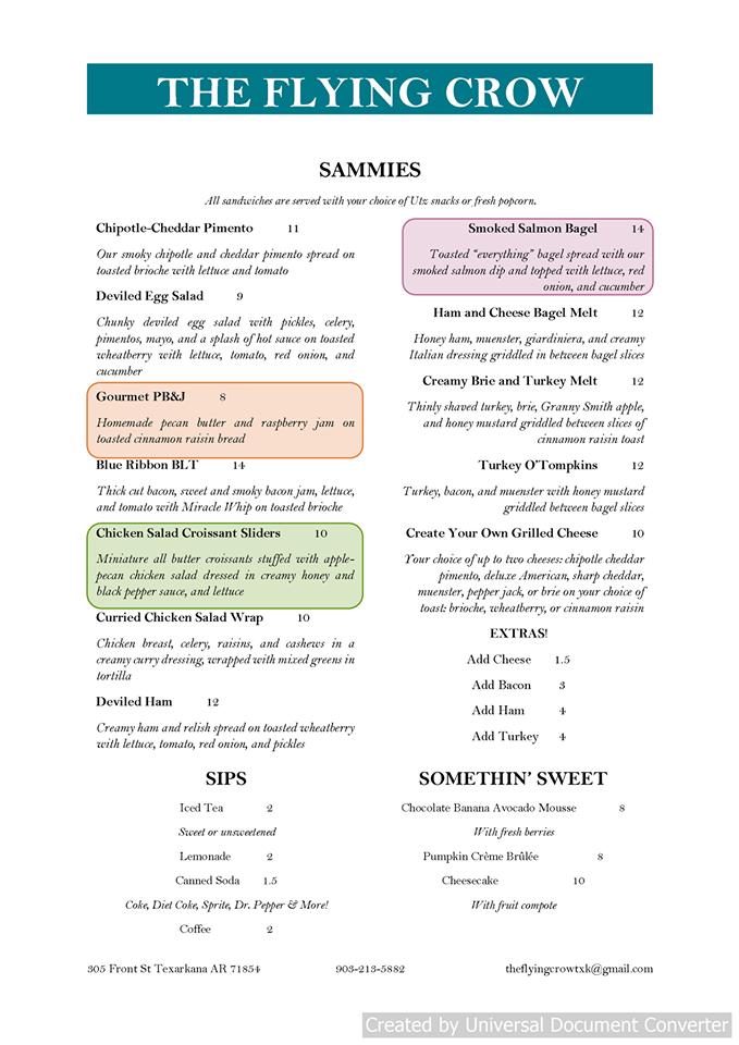 Menu at The Flying Crow restaurant, Texarkana