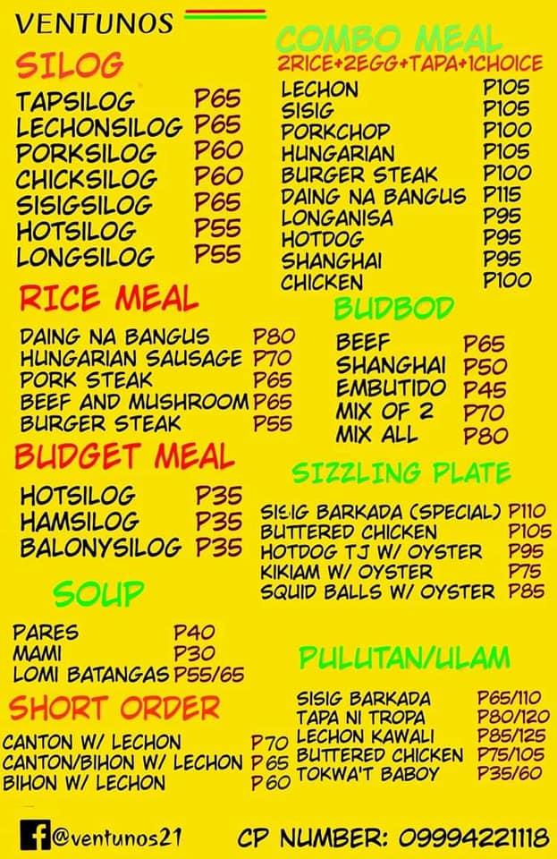 Menu at Ventuno's restaurant, Taytay