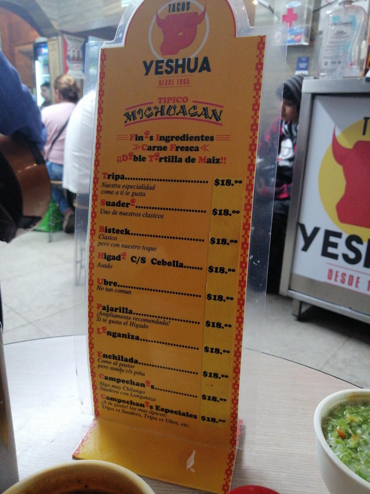 Carta del restaurante Yeshua Tacos CDMX, Ciudad del México
