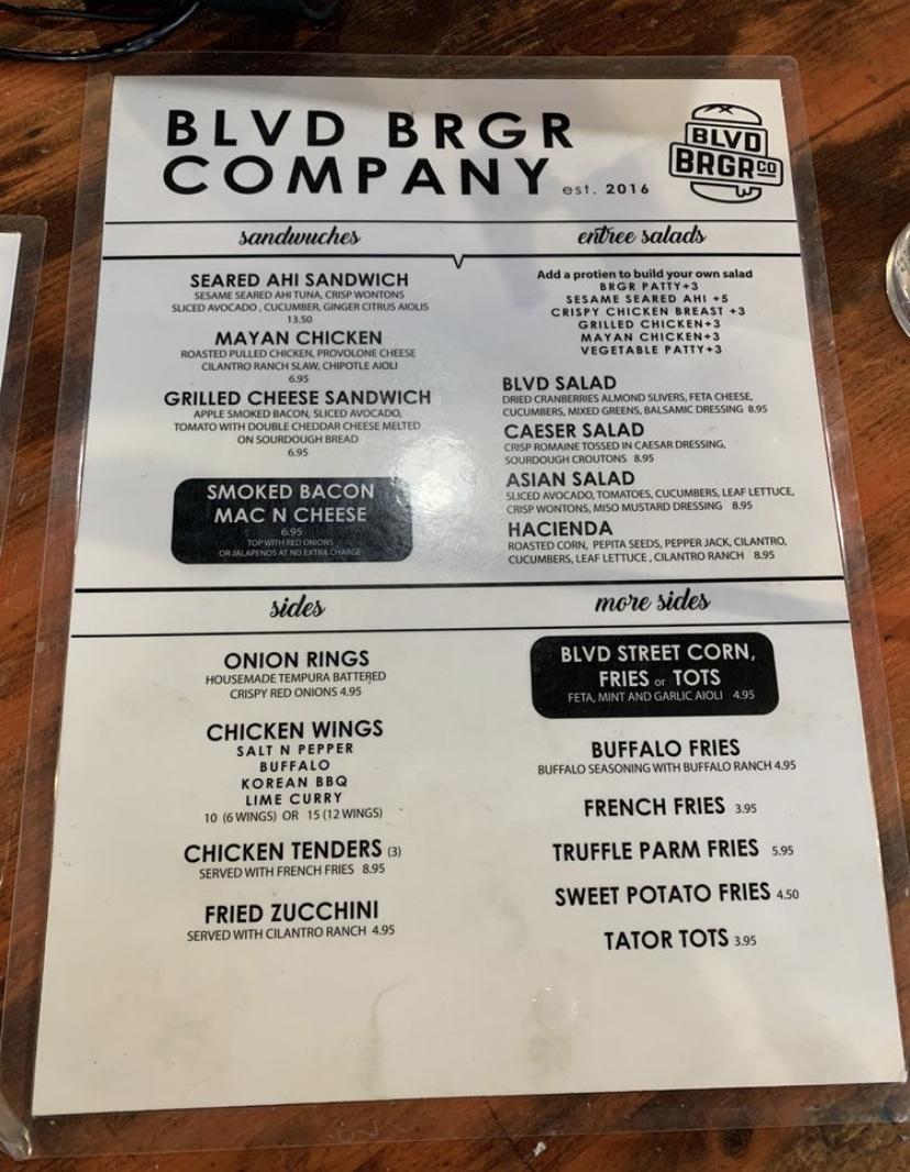 Menu at BLVD BRGR CO. restaurant, Camarillo