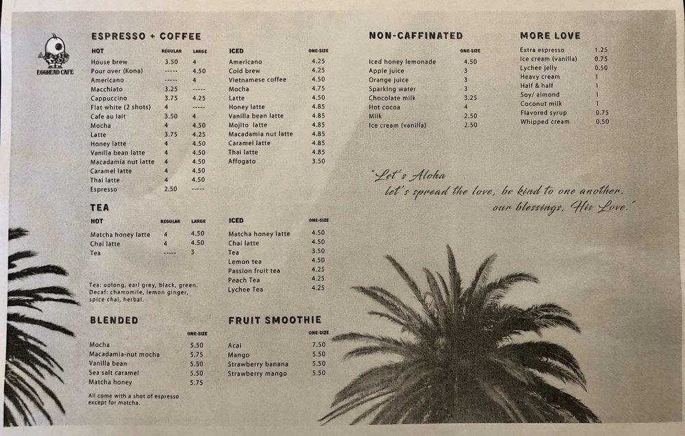 Menu at Egghead Cafe, Honolulu, Dillingham Blvd #8