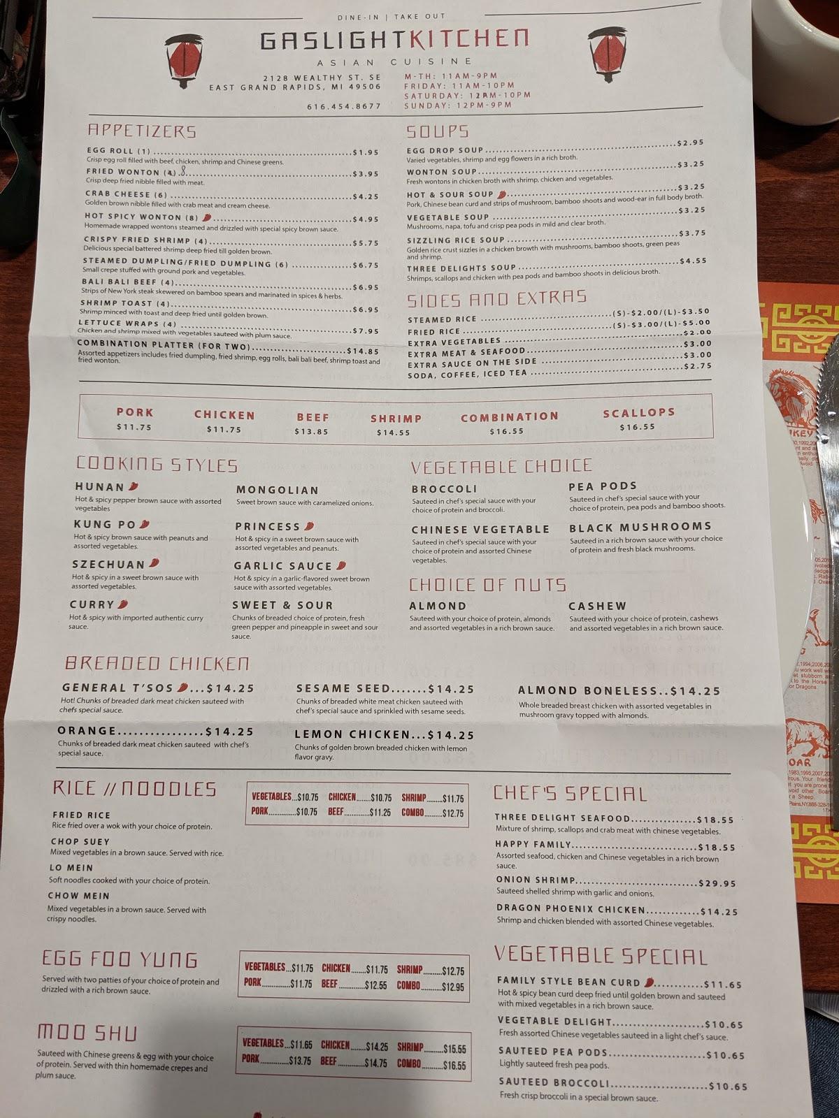 Menu at Gaslight Kitchen Asian Cuisine restaurant, East Grand Rapids
