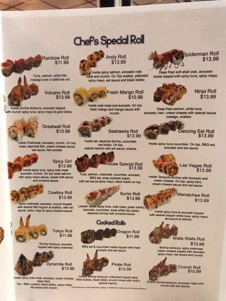 Menu at Sumo Japanese Restaurant, Moses Lake
