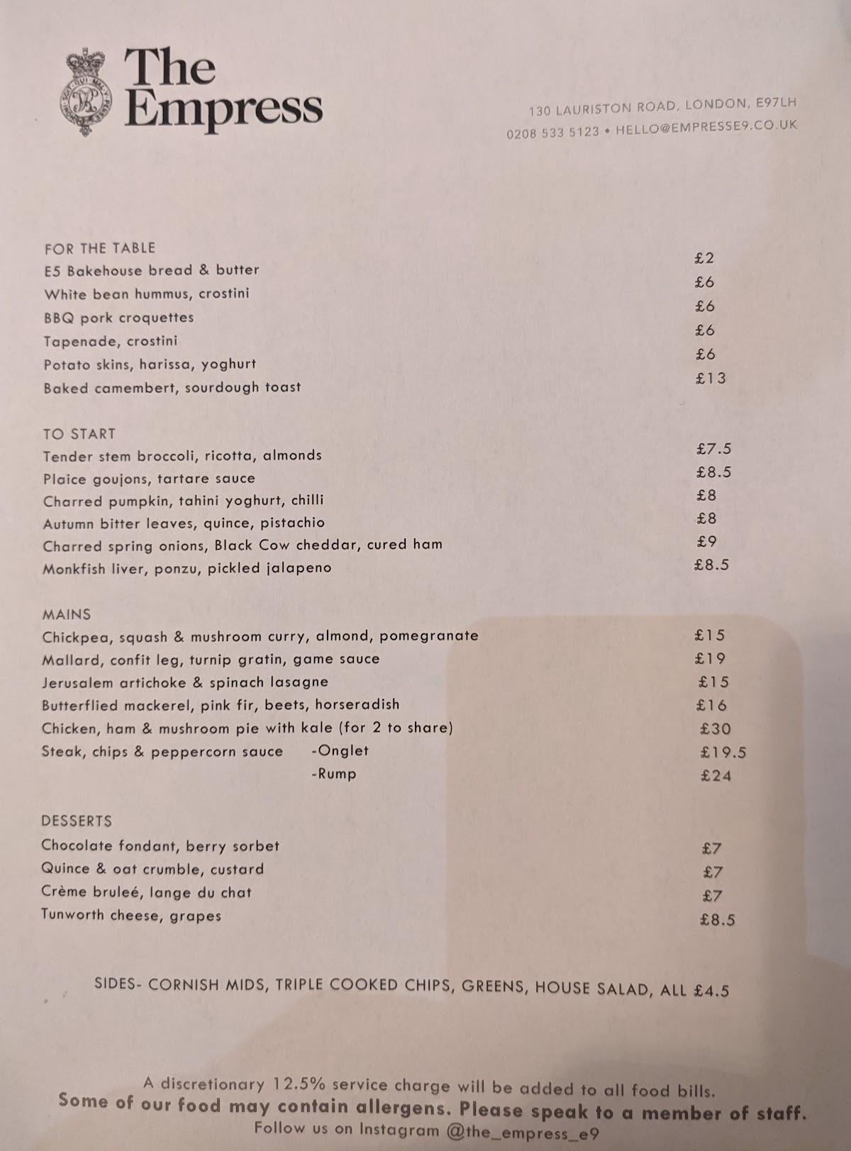 Menu at The Empress pub & bar, London, 130 Lauriston Rd