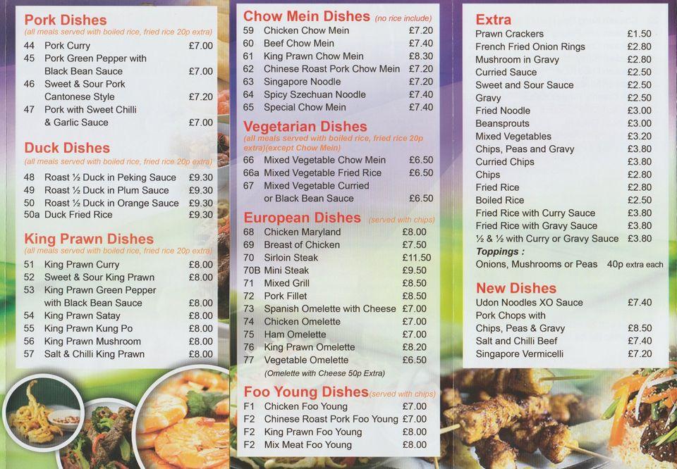 Menu at The Golden Dragon restaurant, Coleraine