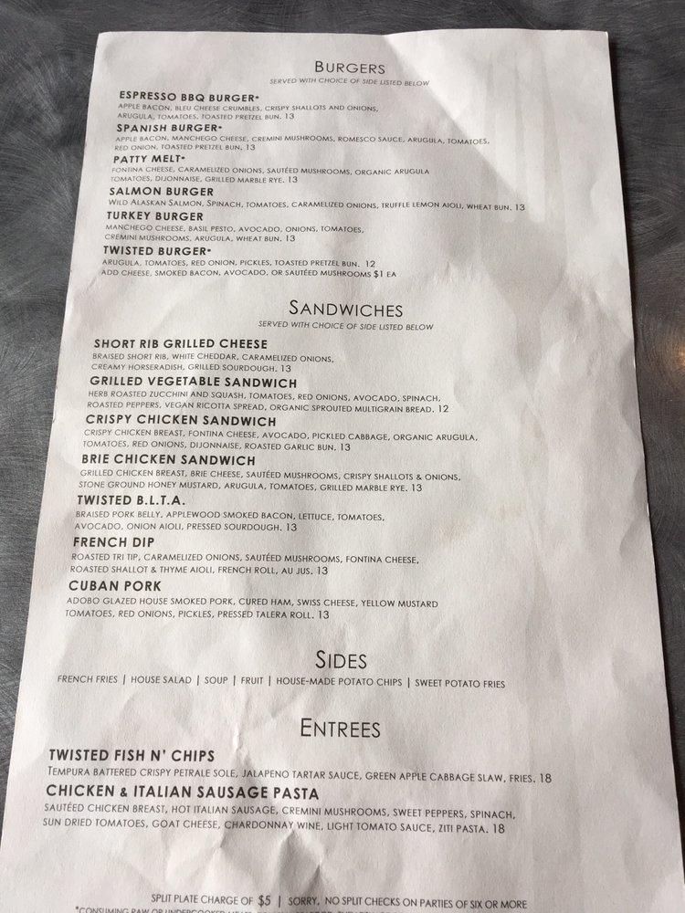 Menu at The Twisted Fork restaurant, Reno