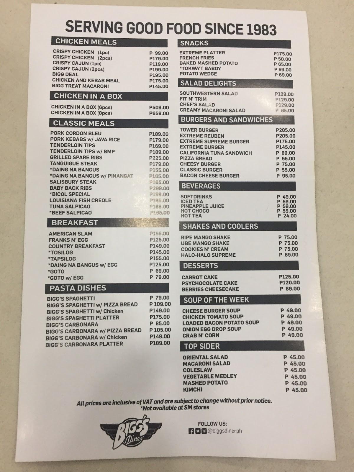 Menu at Bigg's Pili restaurant, Pili, Zone 1 1