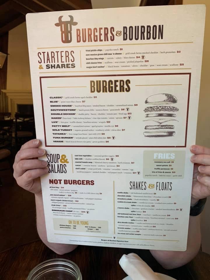 Menu at Burgers & Bourbon restaurant, Park City