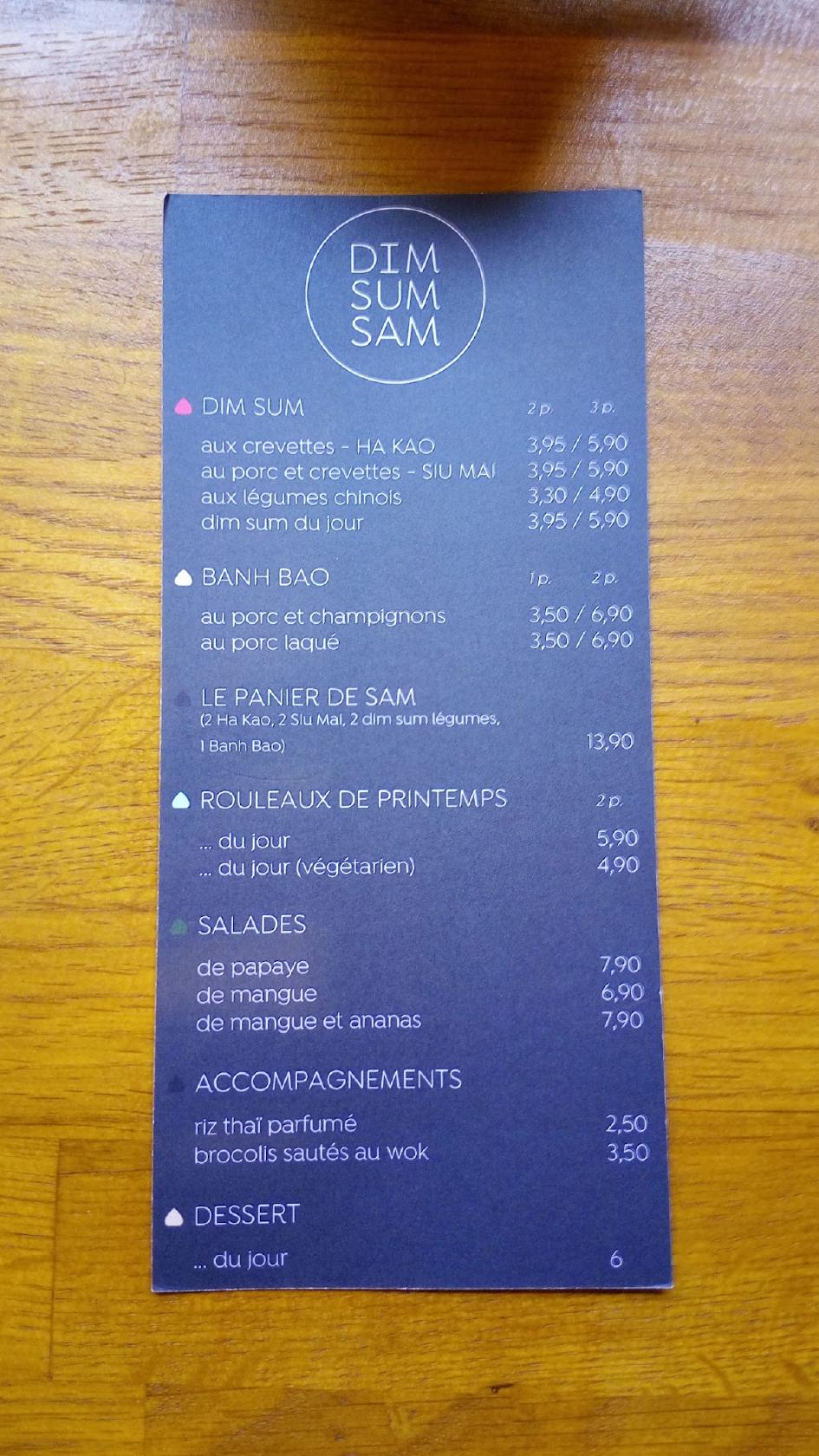 Menu au DIM SUM SAM restaurant, Strasbourg