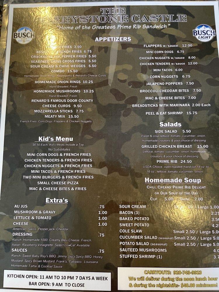 Menu at Greystone Castle pub & bar, Sturgeon Bay