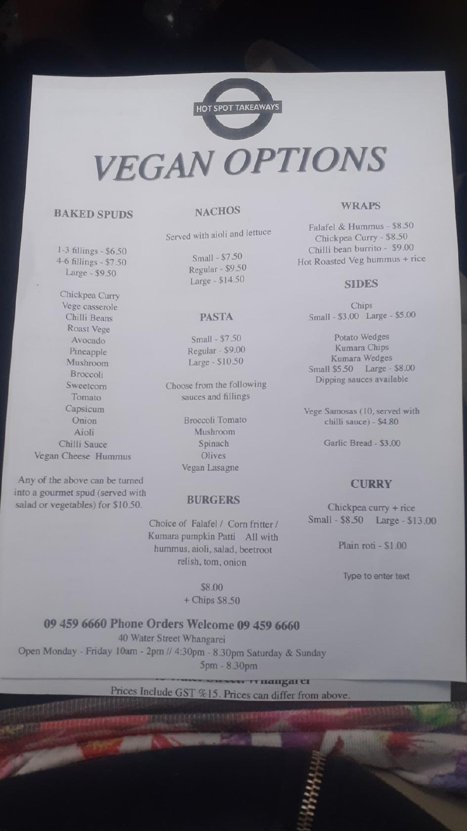 Menu at Hotspot Takeaways restaurant, Whangarei