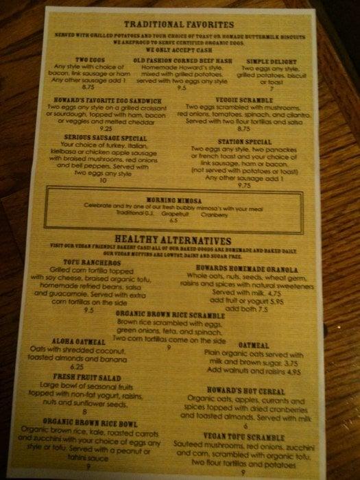Menu at Howard Station Cafe, Occidental, Bohemian Hwy