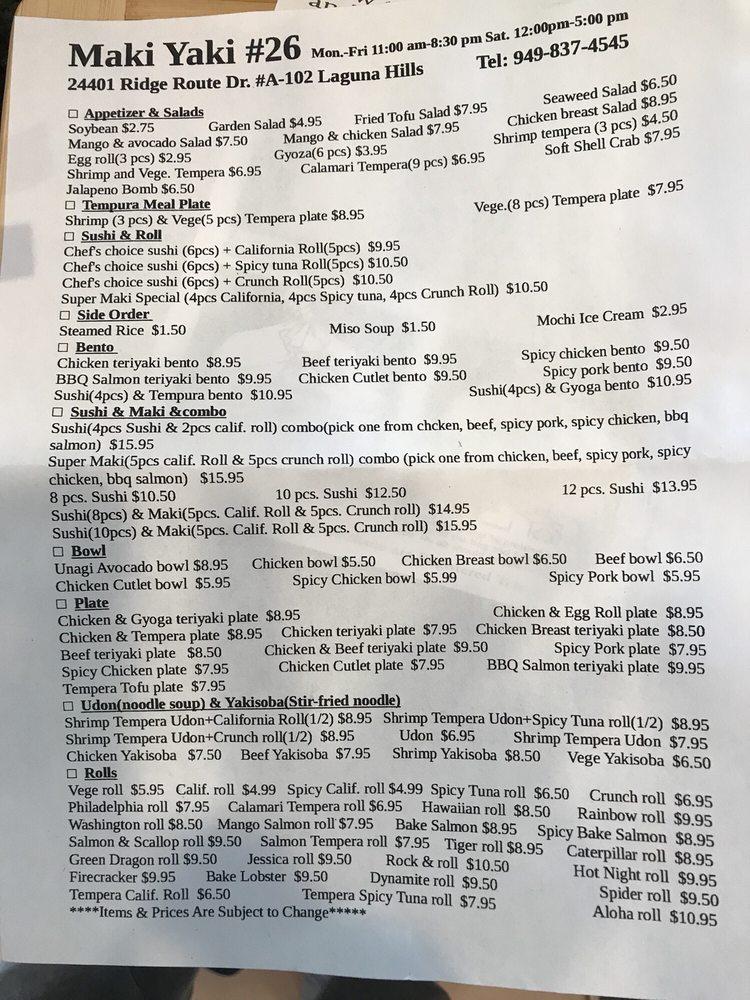 Menu at Maki-Yaki Express restaurant, Laguna Hills