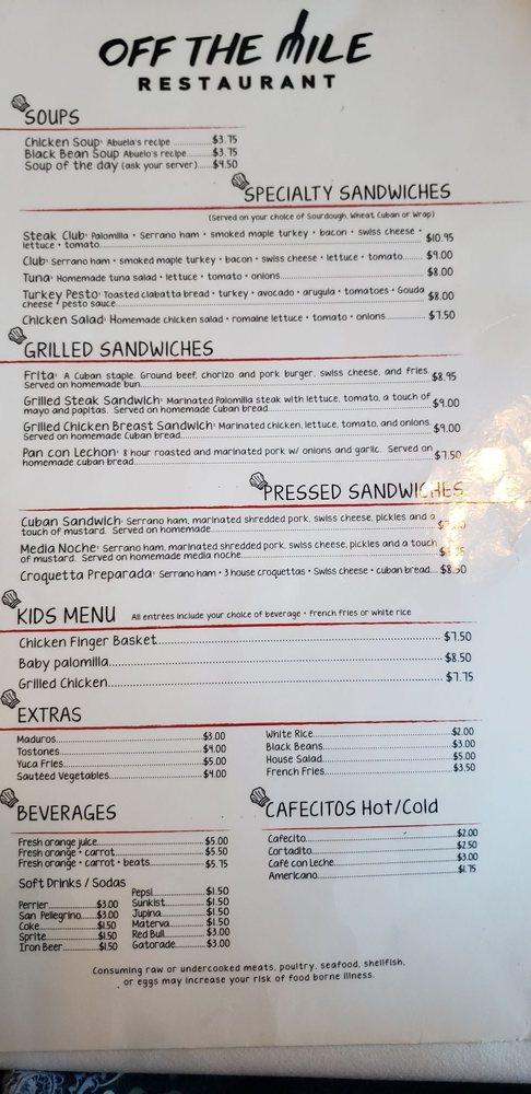 Menu at Off The Mile Restaurant, Coral Gables
