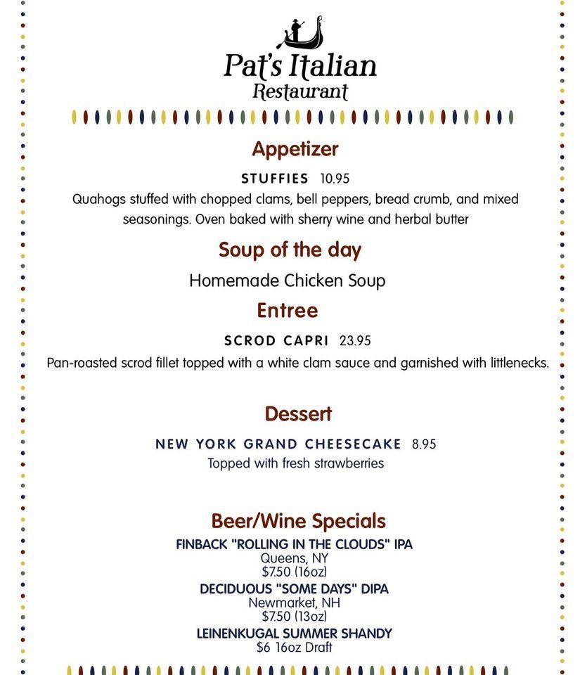 Menu at Pat's Italian Johnston restaurant, Johnston