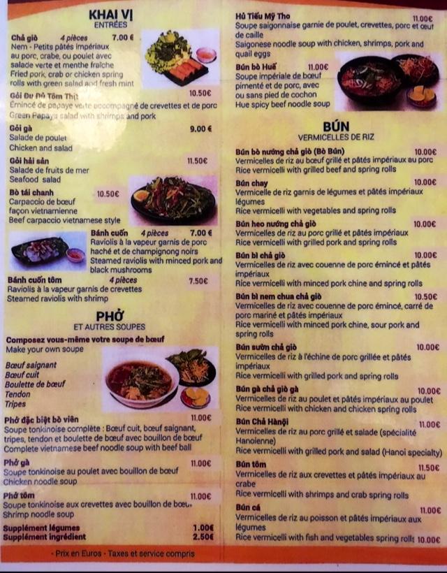 Menu at Pho Bida Viet Nam restaurant, Paris