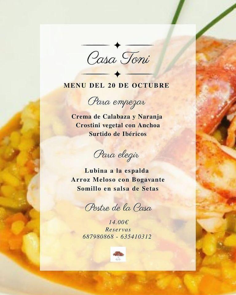 Carta del restaurante Casa Toni, Paterna, Carrer del Comte del Montornès