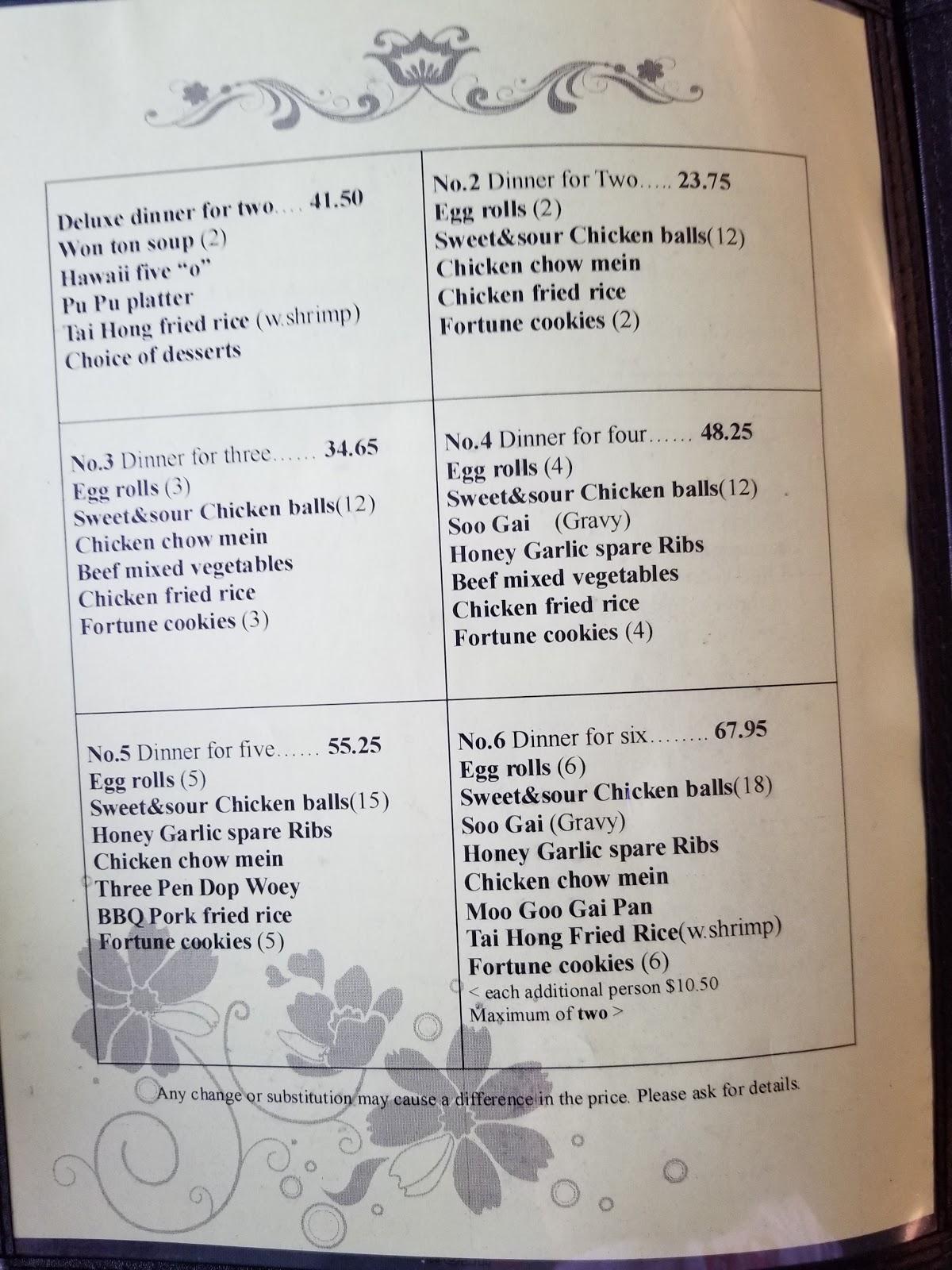 Menu at Tai Hong Restaurant, Channel-Port aux Basques