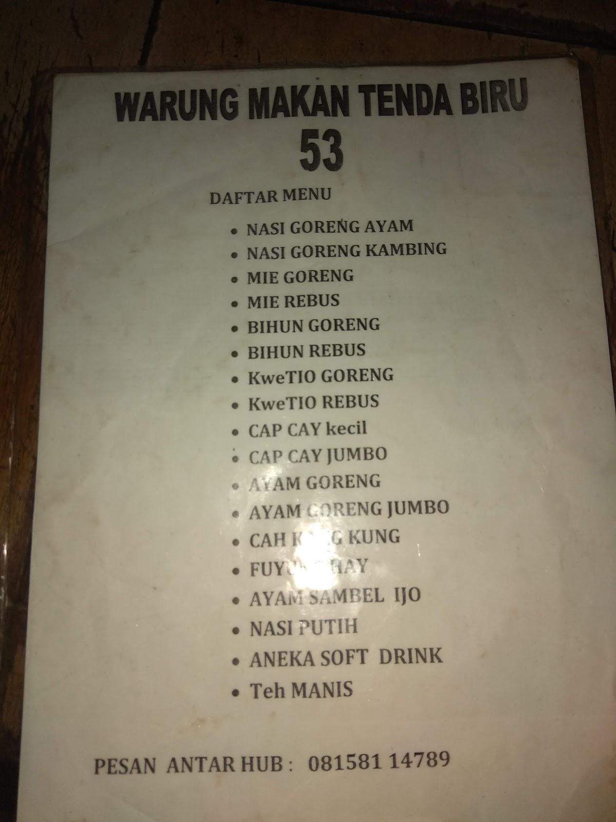 Menu at Tenda Biru 53 restaurant, Jakarta, Jl. Biliton No.9