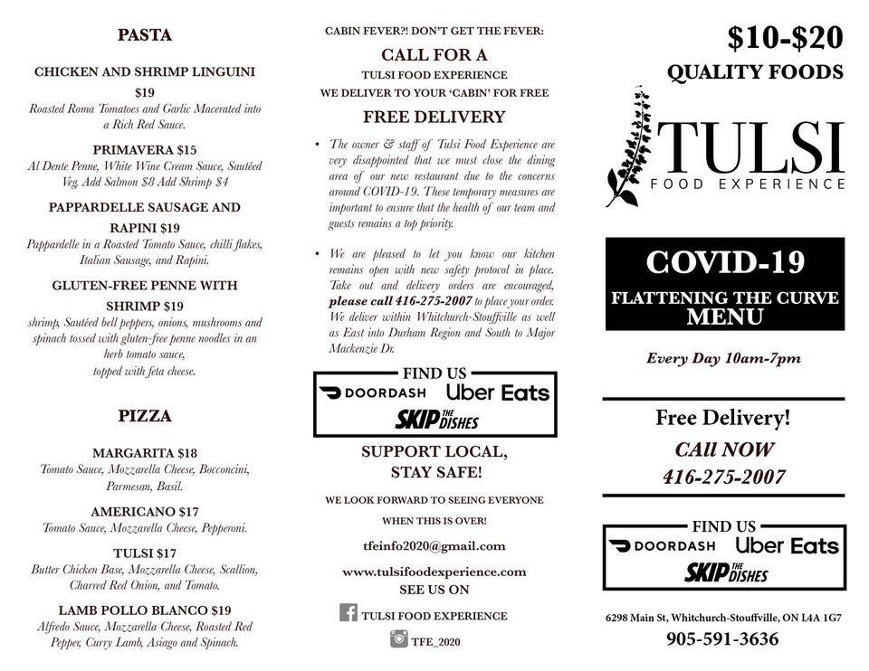 Menu at Tulsi Food Experience lounge restaurant, Whitchurch-Stouffville