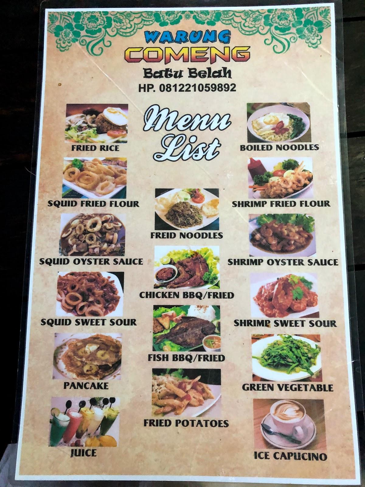 Menu at Warung Comeng cafe, Batukaras