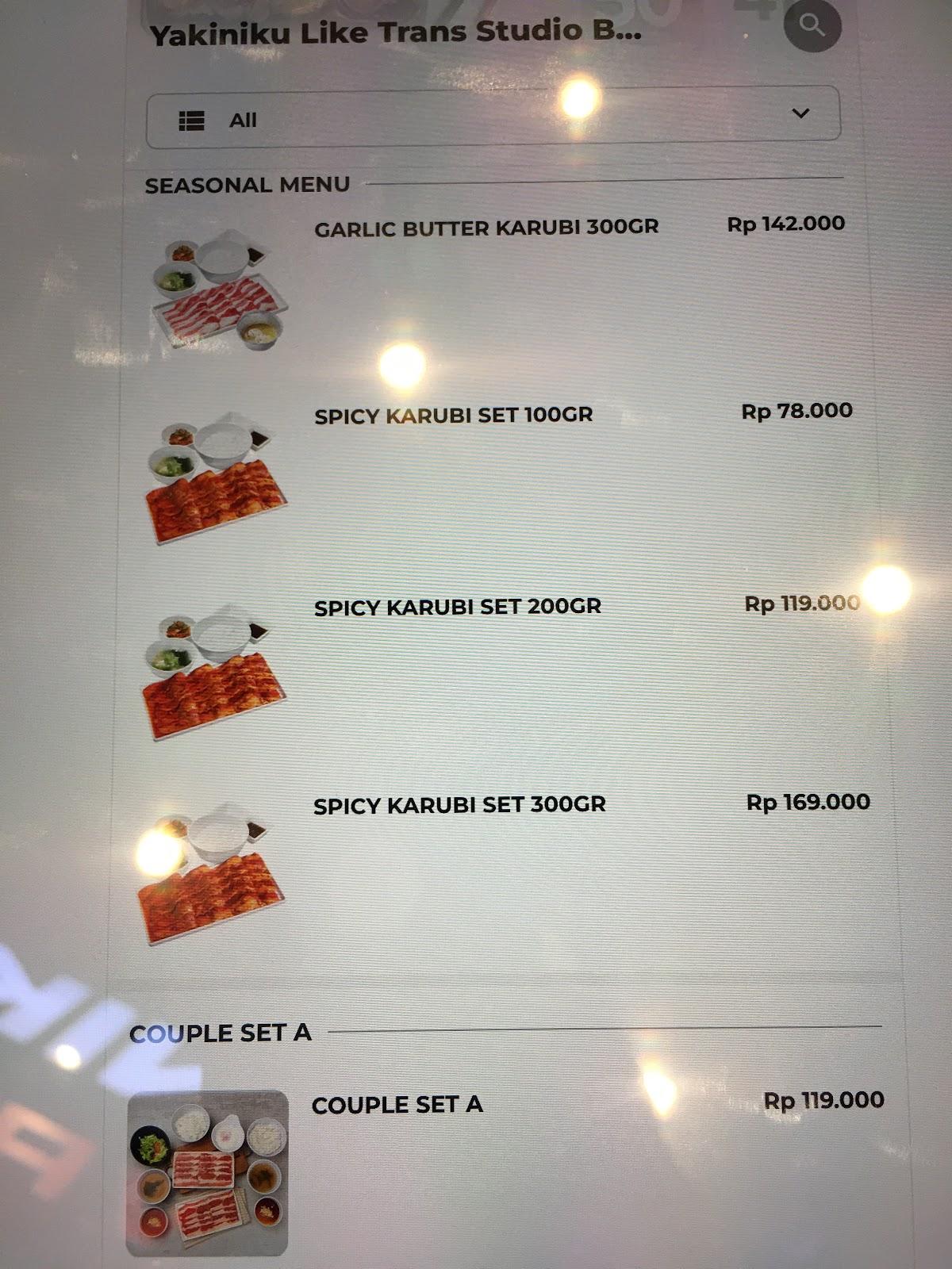 Menu at Yakiniku Like Trans Studio Mall Bandung restaurant, Bandung