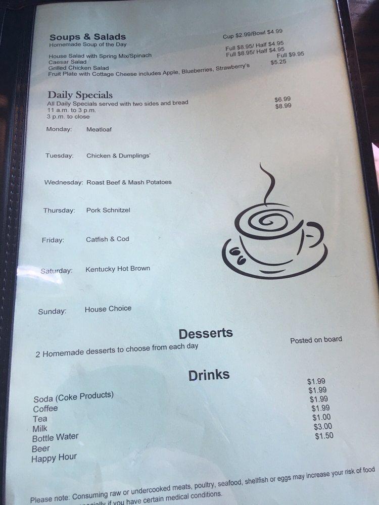 Menu at Backstreet Cafe, Muldraugh