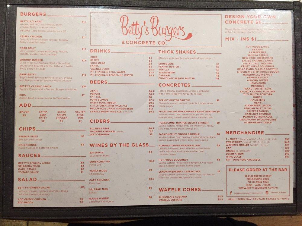 Menu at Betty's Burgers fast food, Melbourne, 97 Elizabeth St