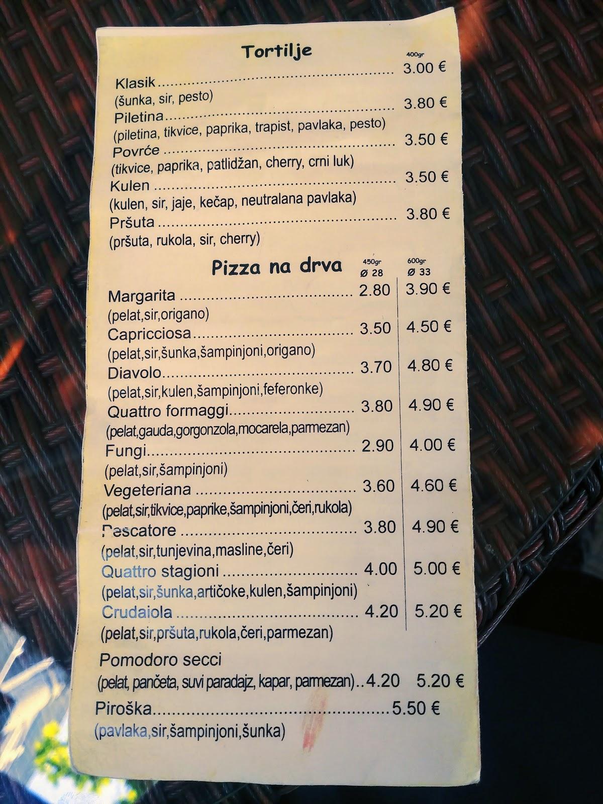 Menu at Corto Maltese restaurant, Podgorica