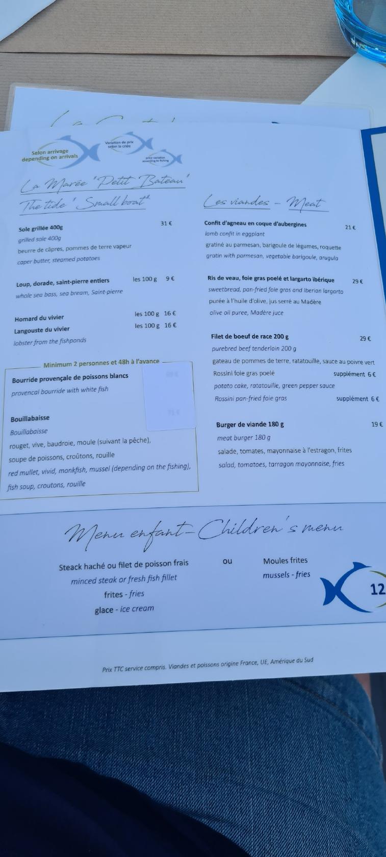 Menu au Dolce mare restaurant, Cavalaire-sur-Mer