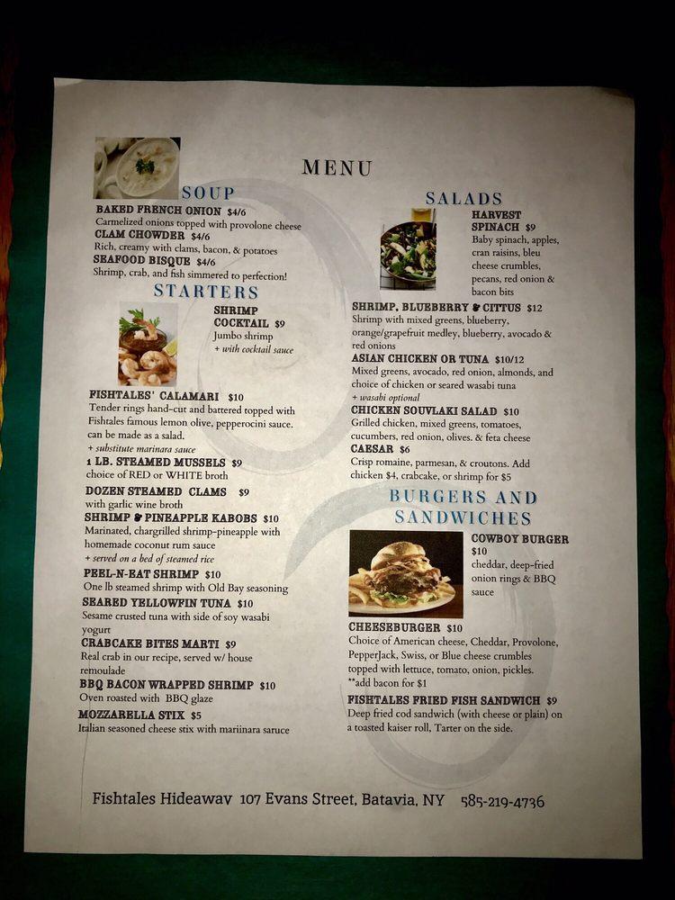 Menu at Fishtales Hideaway restaurant, Batavia