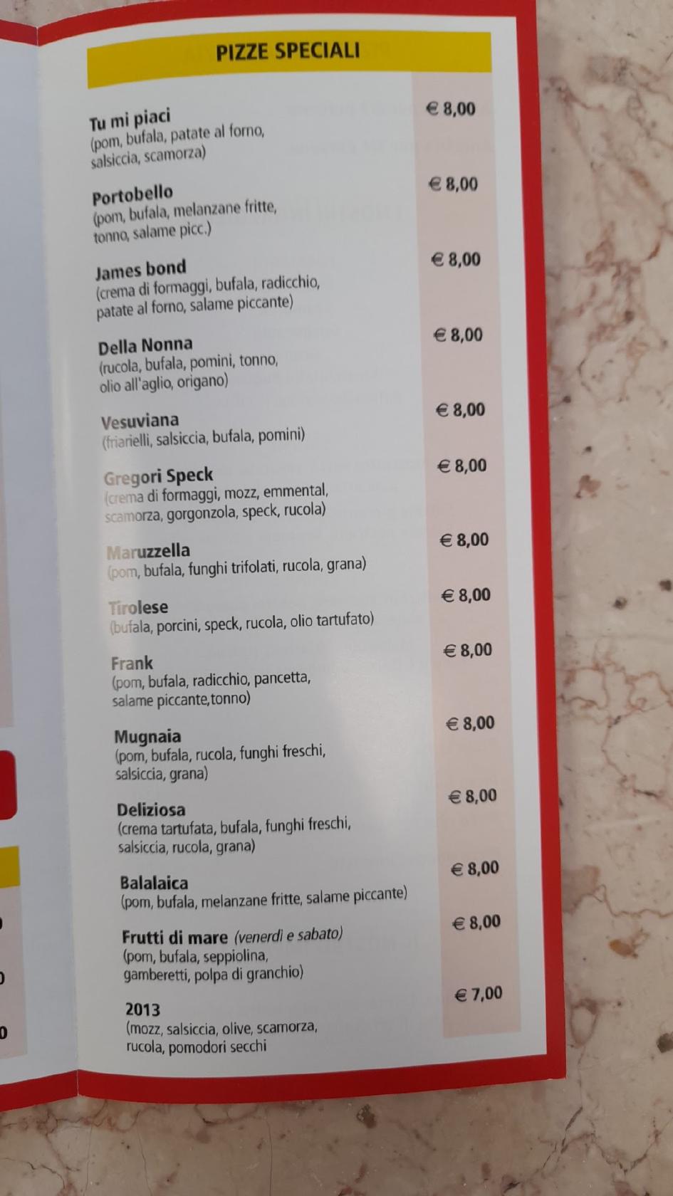 Menu at Frankpizz pizzeria, Ravenna
