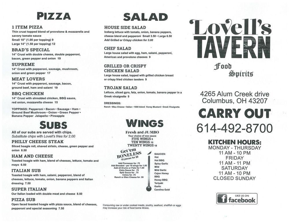 Menu at Lovell's Tavern pub & bar, Columbus