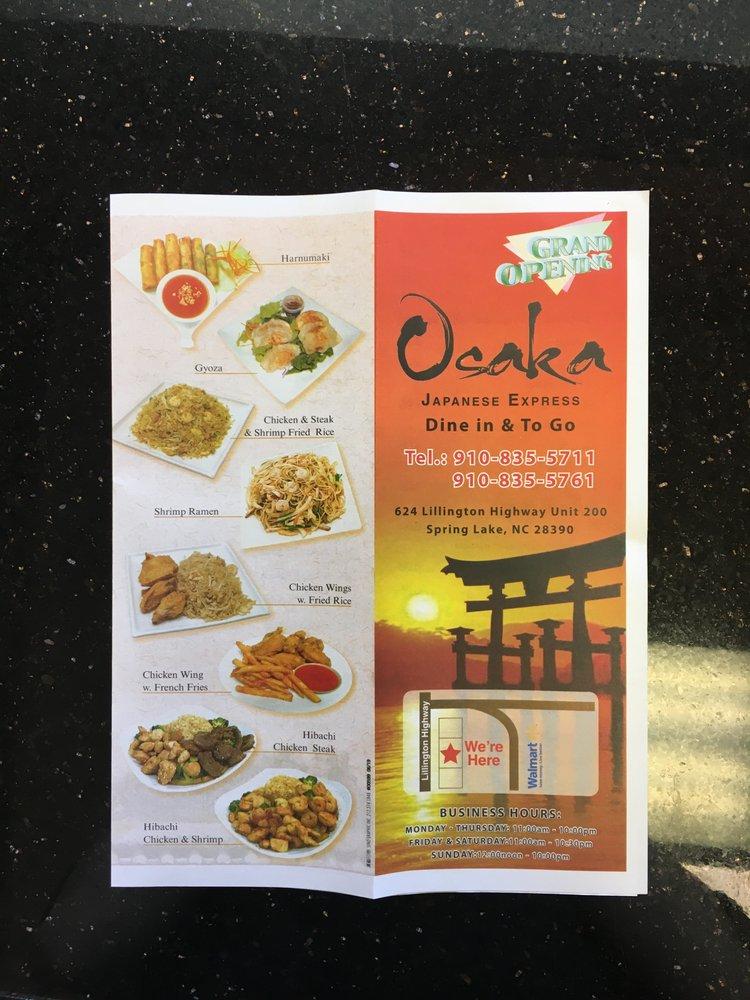 Menu at Osaka Japanese Express restaurant, Spring Lake