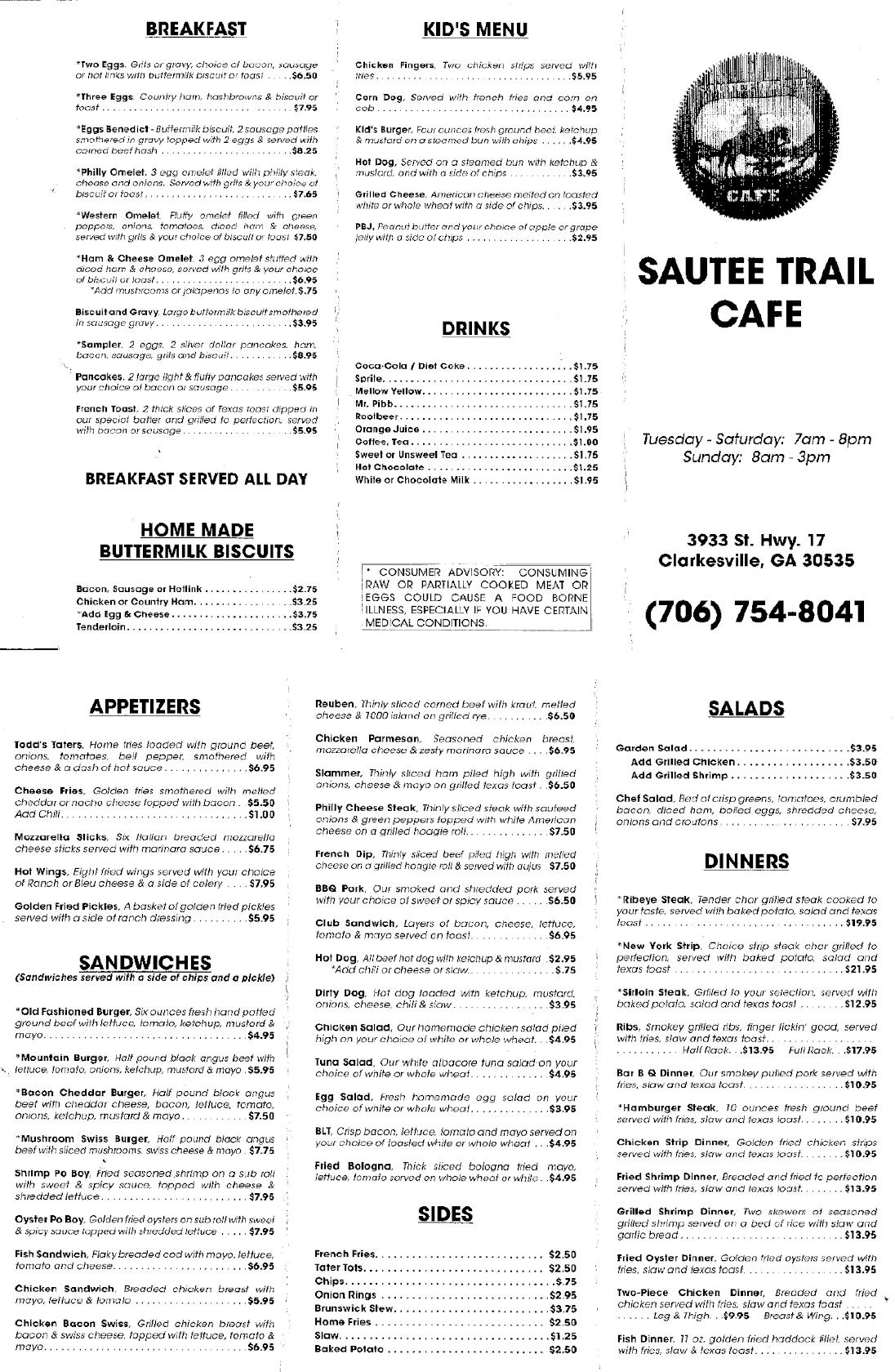 Menu at Sautee Trail Cafe, USA