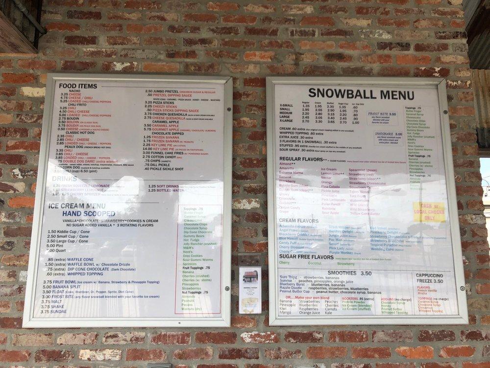 Menu at Snowball Factory fast food, New Iberia