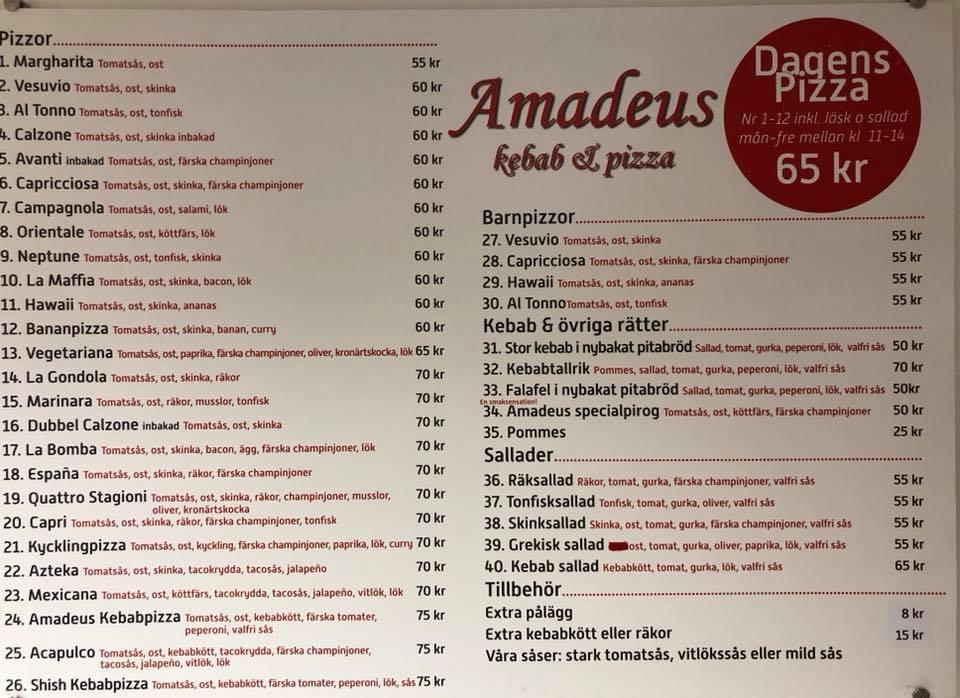 Menu at Amadeus restaurant, Helsingborg