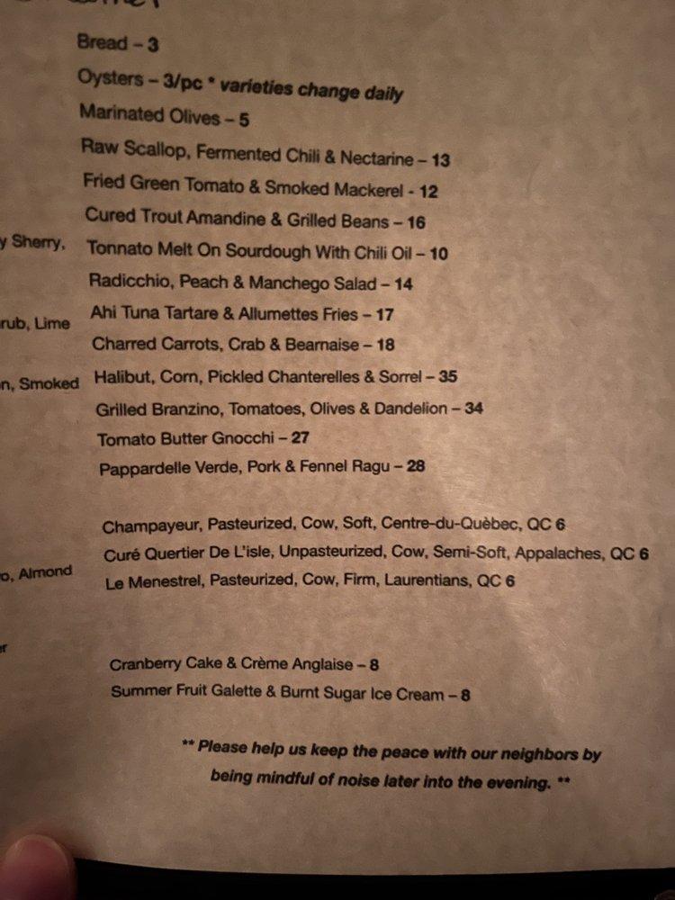 Menu at Bar Kismet, Halifax