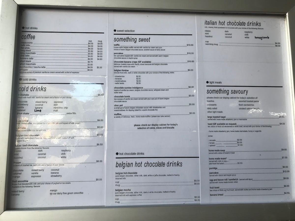 Menu at Cocoa Latte cafe, Williamstown