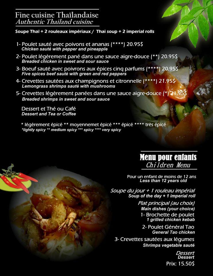 Menu au Levina restaurant, Levis