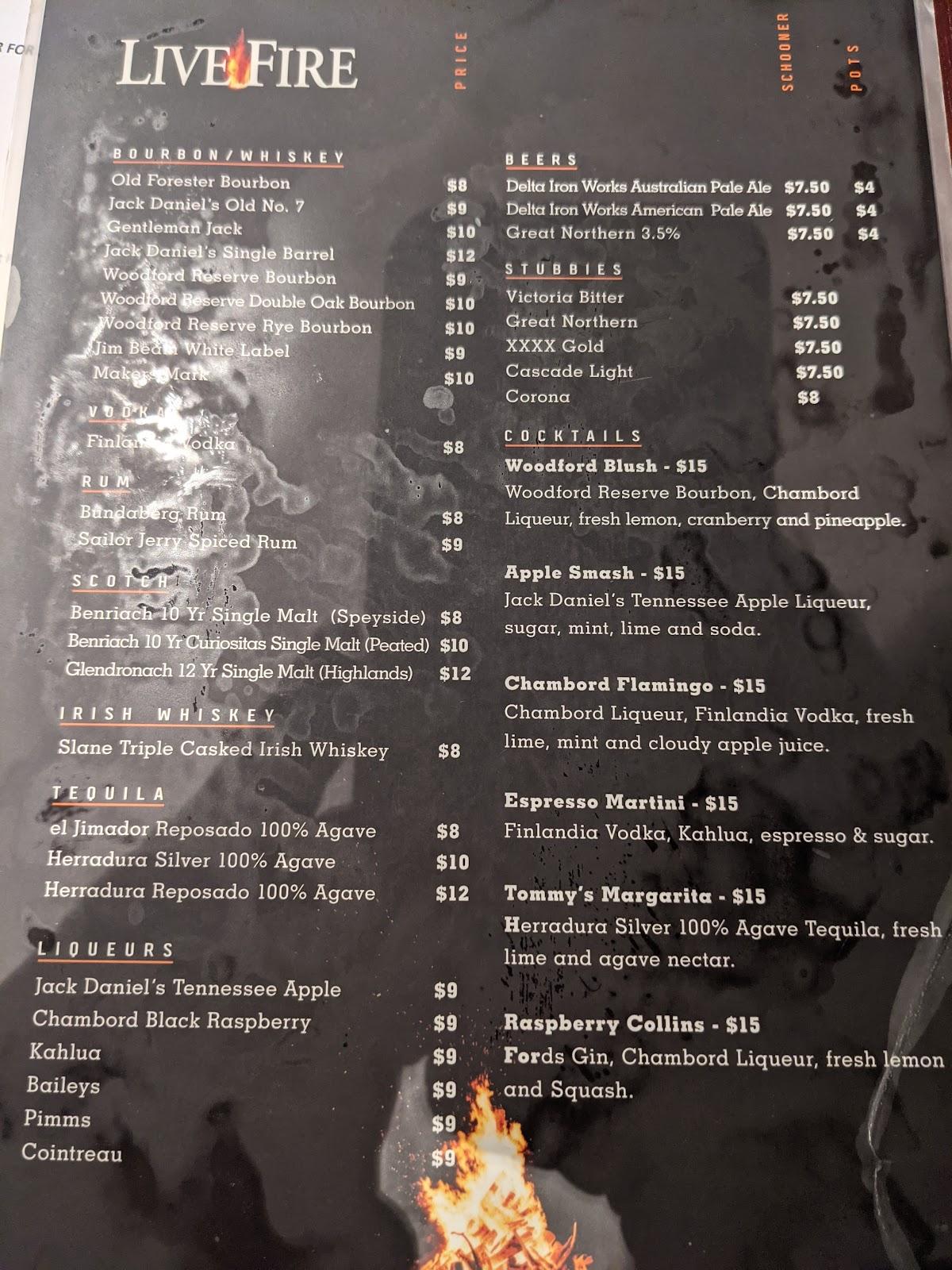 Menu at Live Fire restaurant, Thuringowa Central
