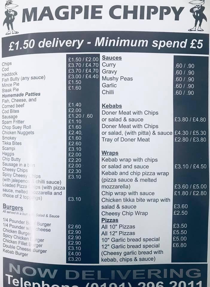 Menu at Magpie Chippy fast food, North Shields
